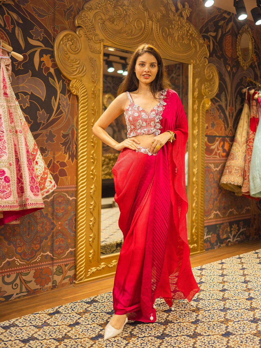 Cherry Red Pleated Drape Saree Set – Tirumala Designers