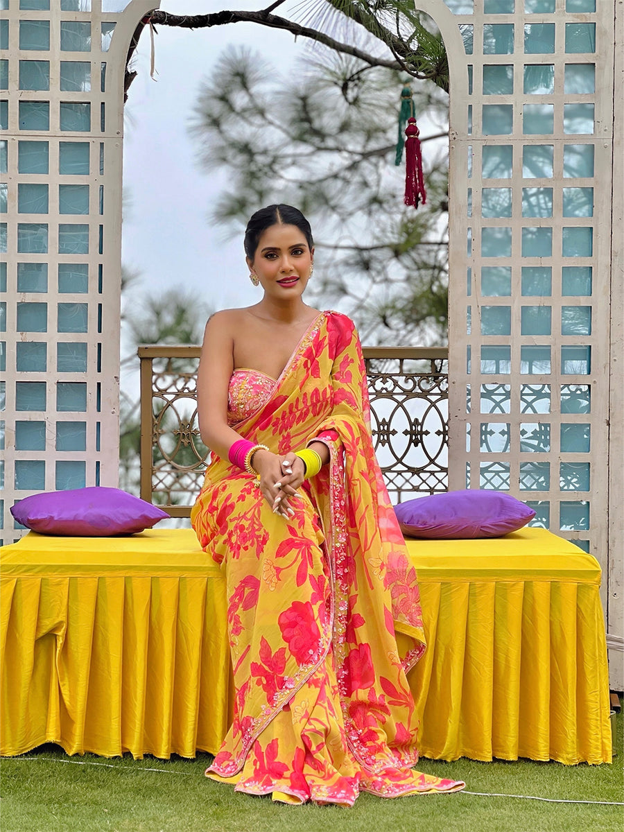 Handcrafted Lime Green Chinion Saree With Floral Print & Embroidery ...