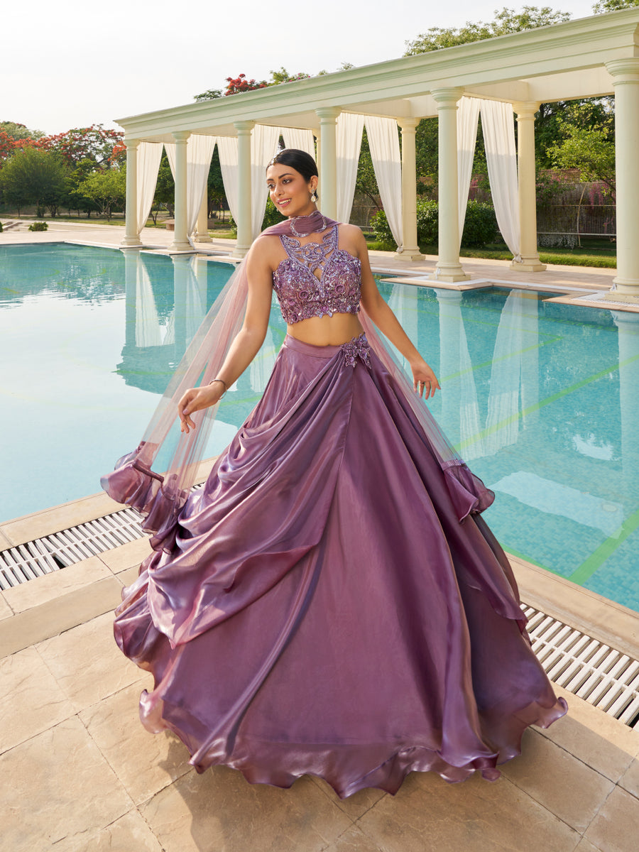 Purple Imported Satin Tissue Lehenga – Tirumala Designers