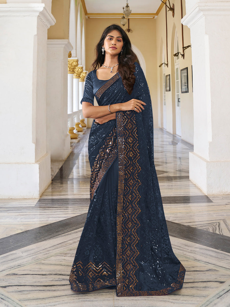 Teal Blue Sequin Saree – Tirumala Designers