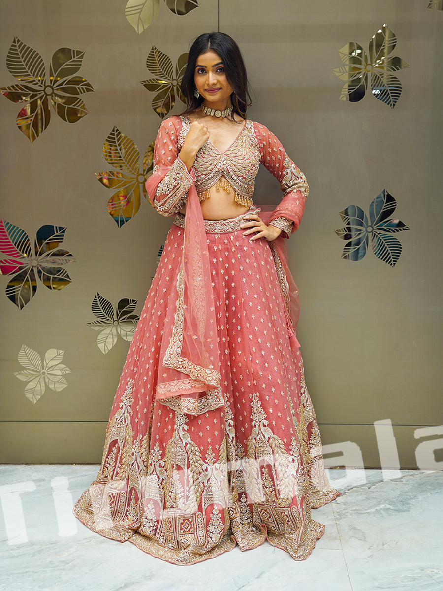 Gajri Net Lehenga With Silver-Gold Handwork – Tirumala Designers