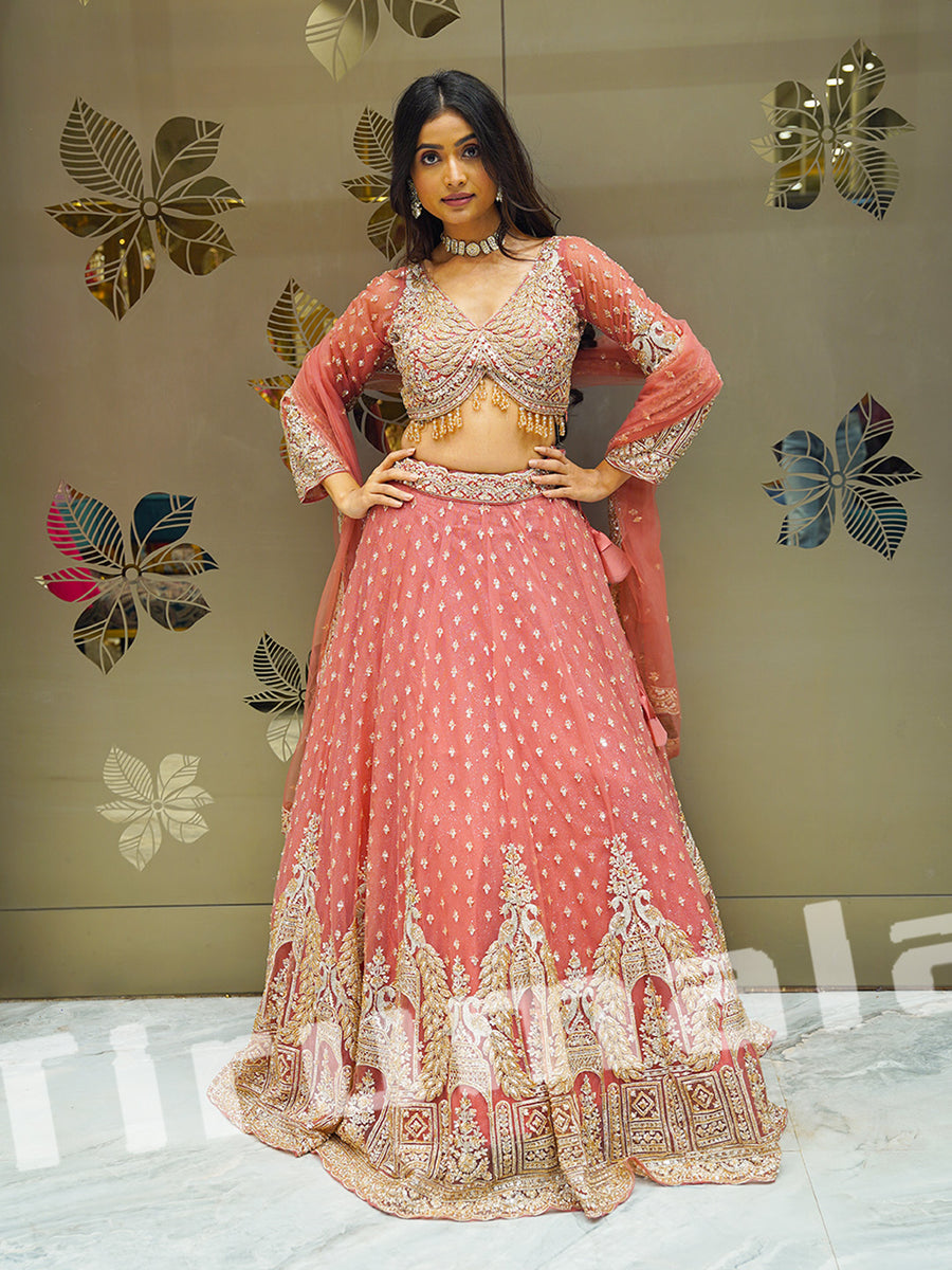 Gajri Net Lehenga With Silver-Gold Handwork – Tirumala Designers