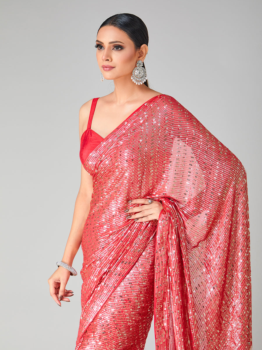 Tomato Pink Dazzling Sequin Saree – Tirumala Designers