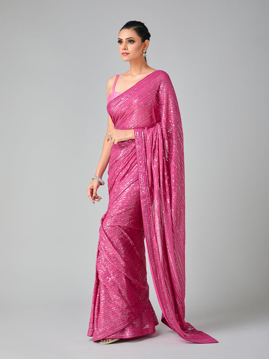 Shimmery Pink & Gold Sequin Saree – Tirumala Designers