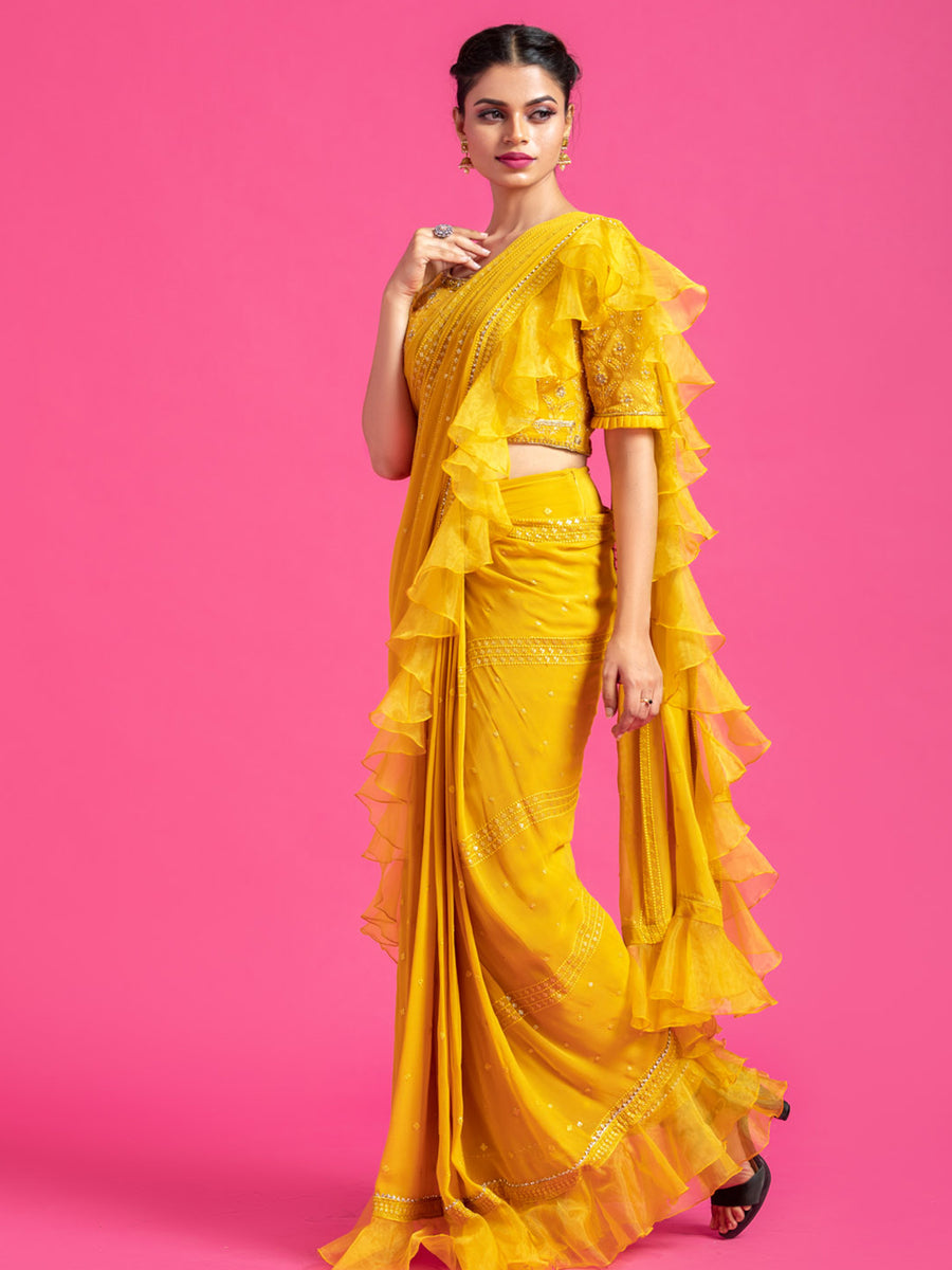 Mustard Yellow Shaded Wrap-Around Ruffle Saree With Embroidered Blouse ...