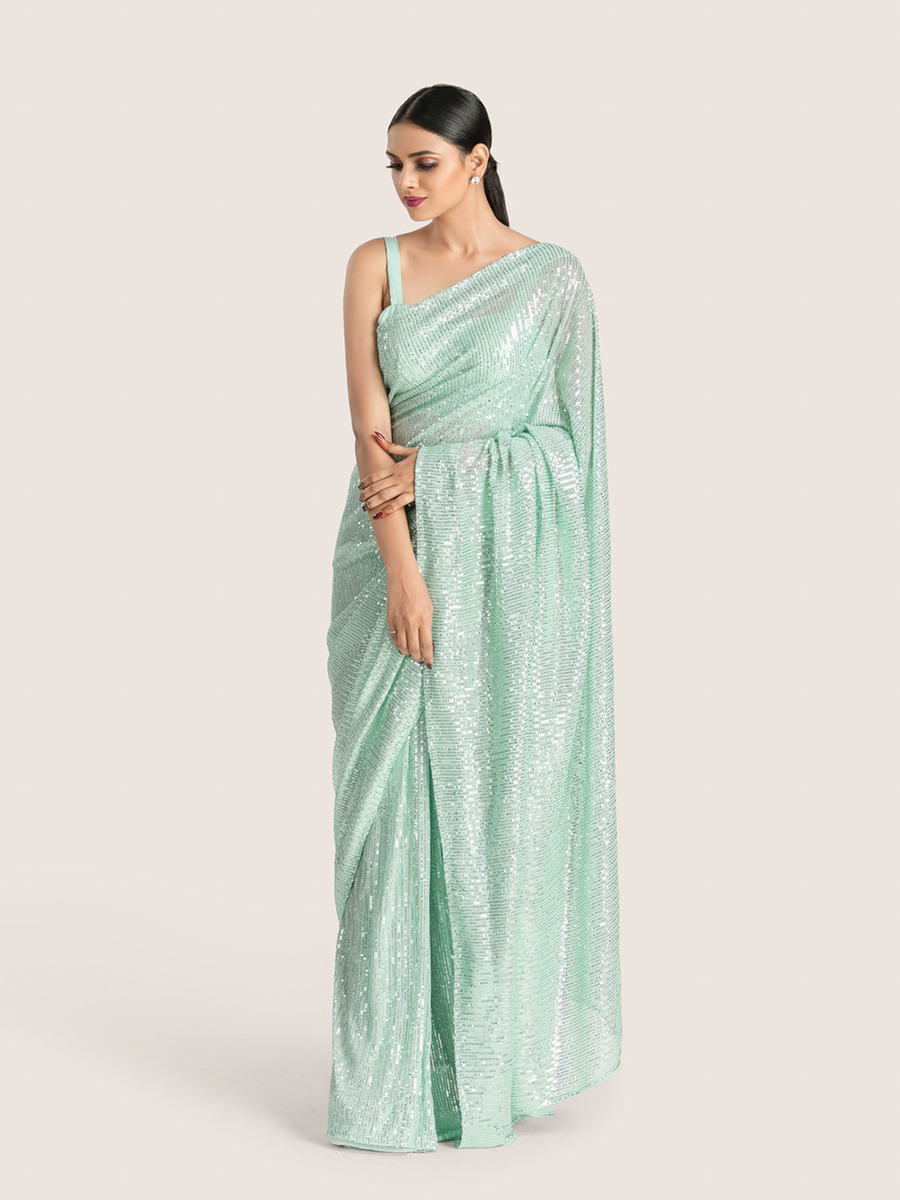 Turquoise Sequins Saree With Blouse Fabric – Tirumala Designers
